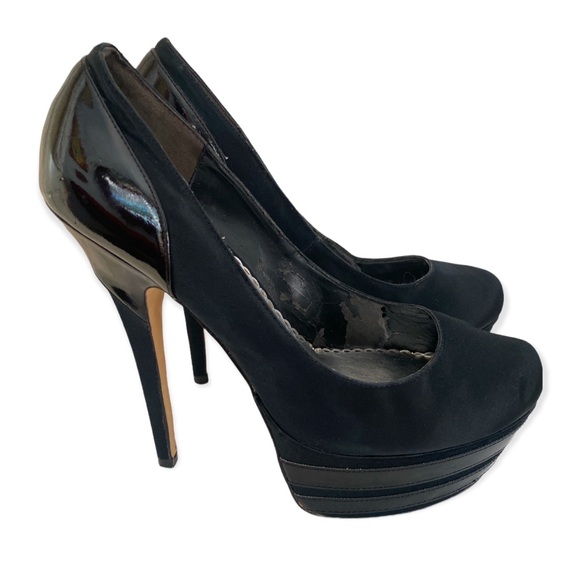 bebe | Shoes | Bebe Patten Leather Satin Platform Stiletto Shoes | Poshmark
